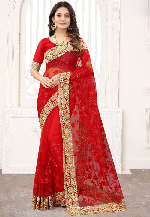 Buy Embroidered Net Saree in Red Online : SCBA3196 - Utsav Fashion
