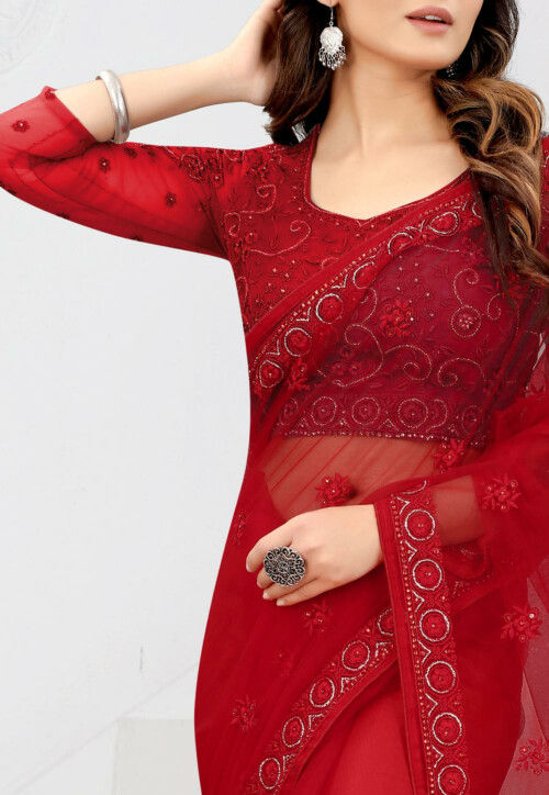 Buy Embroidered Net Saree in Red Online : SCBA3268 - Utsav Fashion