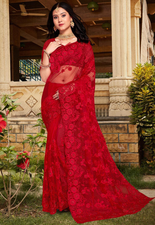 Buy Embroidered Net Saree in Red Online : SCBA4716 - Utsav Fashion