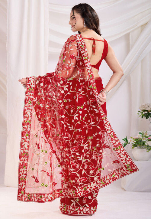 Buy Embroidered Net Saree in Red Online : SPF13815 - Utsav Fashion