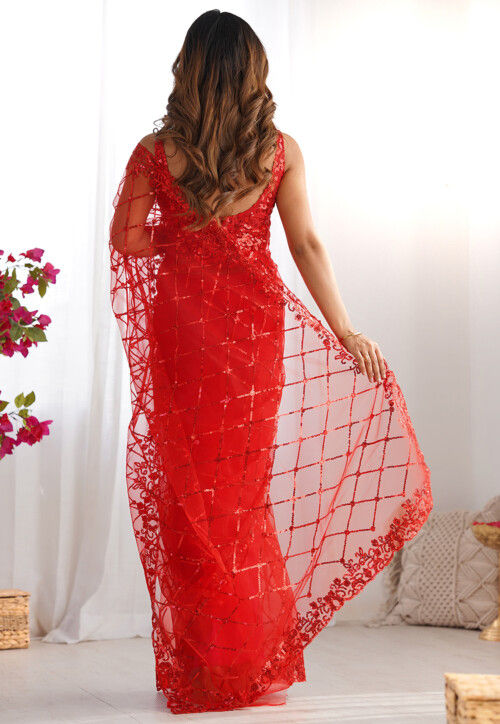 Buy Embroidered Net Saree in Red Online : SPF14537 - Utsav Fashion