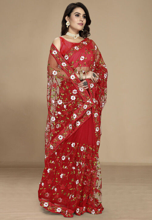 Buy Embroidered Net Saree in Red Online : SPF15048 - Utsav Fashion