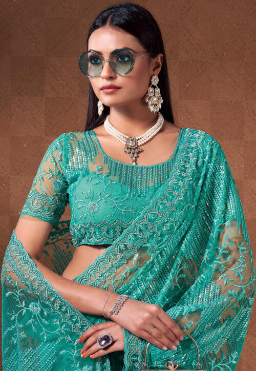 Buy Embroidered Net Saree in Sea Green Online : SPCA991 - Utsav Fashion