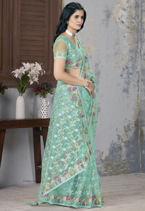 Buy Embroidered Net Saree in Sea Green Online : SPF13437 - Utsav Fashion