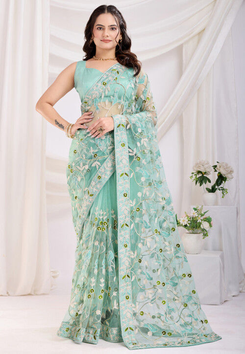 Buy Embroidered Net Saree in Sea Green Online : SPF13811 - Utsav Fashion