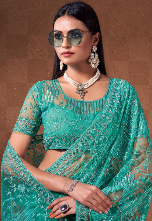 Buy Embroidered Net Saree in Sea Green Online : SSEA3359 - Utsav Fashion