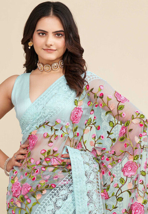 Buy Embroidered Net Saree in Sky Blue Online : SPTA12843 - Utsav Fashion