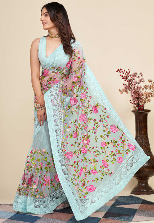 Buy Embroidered Net Saree in Sky Blue Online : SPTA12843 - Utsav Fashion