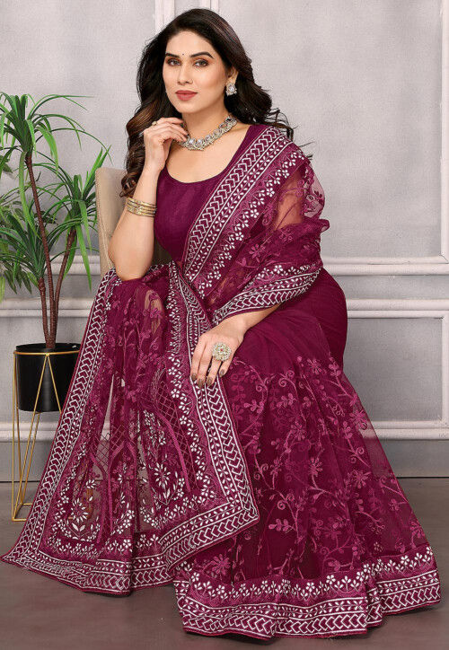 Buy Embroidered Net Saree in Wine Online : SPF11019 - Utsav Fashion