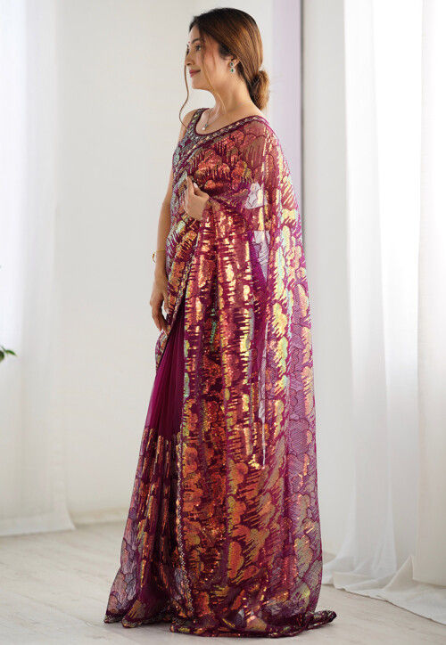 Buy Embroidered Net Saree in Wine Online : SPF13209 - Utsav Fashion