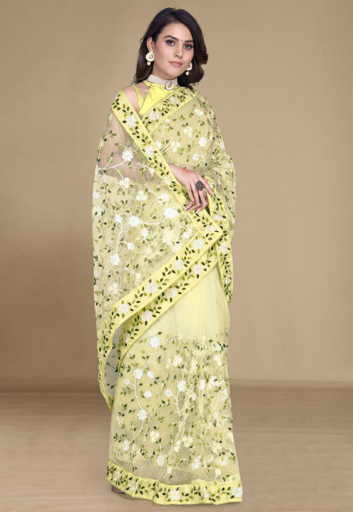Buy Embroidered Net Saree in Yellow Online : SPF15052 - Utsav Fashion