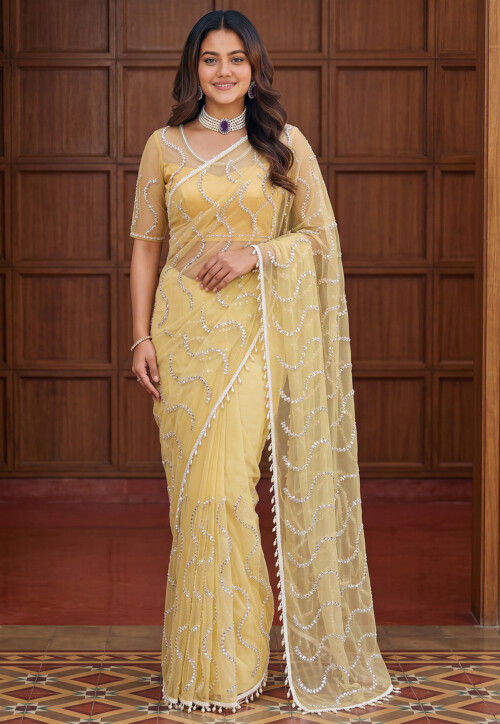 Buy Embroidered Net Saree in Yellow Online : SSEA10761 - Utsav Fashion
