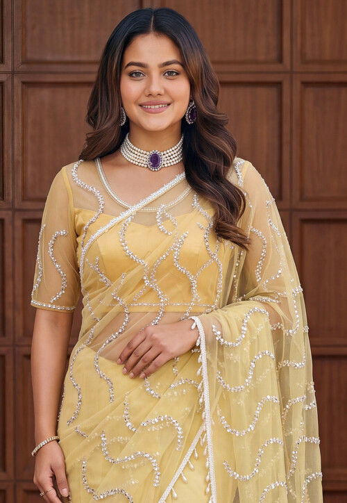 Buy Embroidered Net Saree in Yellow Online : SSEA10761 - Utsav Fashion