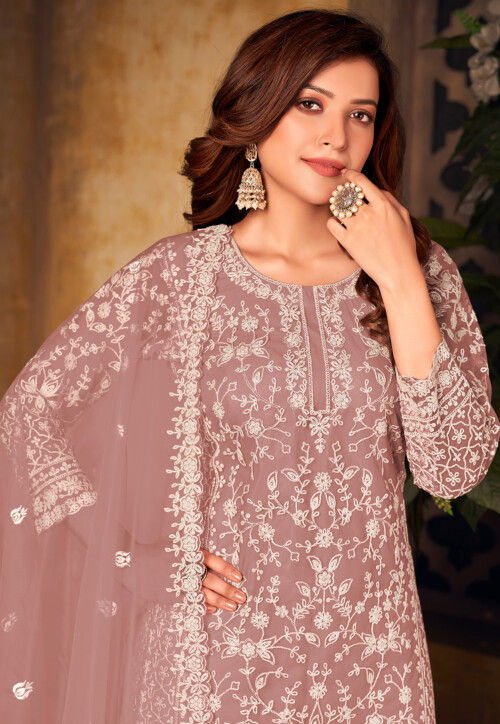 Buy Embroidered Net Scalloped Pakistani Suit in Brown Online : KRD756 ...