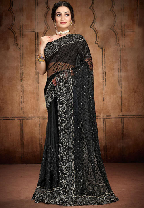Buy Embroidered Net Scalloped Saree in Black Online : SCBA4358 - Utsav ...