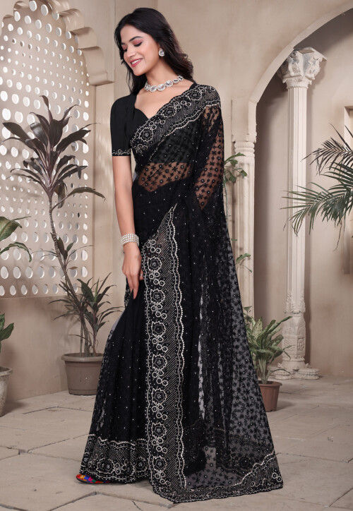 Buy Embroidered Net Scalloped Saree in Black Online : SCBA6225 - Utsav ...