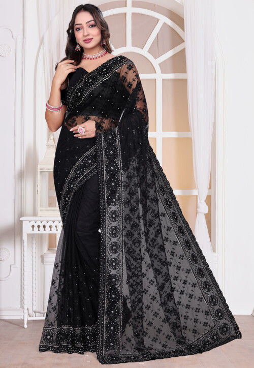 Buy Embroidered Net Scalloped Saree in Black Online : SCBA6237 - Utsav ...