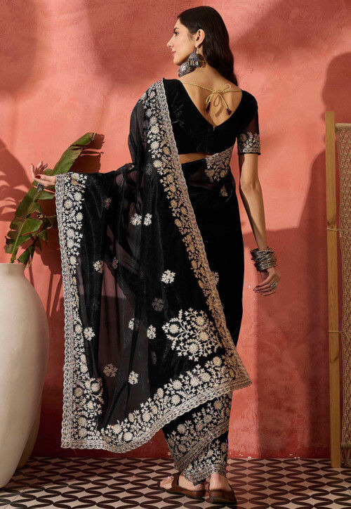 Buy Embroidered Net Scalloped Saree in Black Online : SSKT969 - Utsav ...