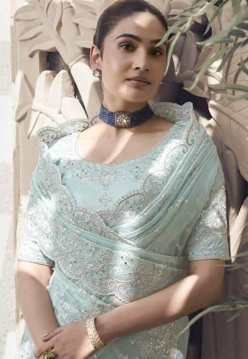 Buy Embroidered Net Scalloped Saree in Light Blue Online : SET237 ...