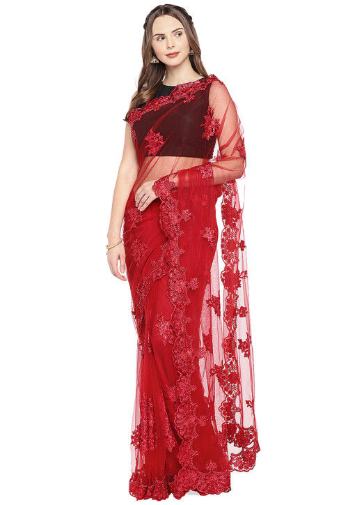 Buy Embroidered Net Scalloped Saree in Red Online : SUF10323 - Utsav ...