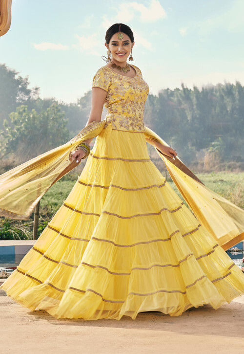 Buy Embroidered Net Tiered Lehenga in Yellow Online : LUF3319 - Utsav ...