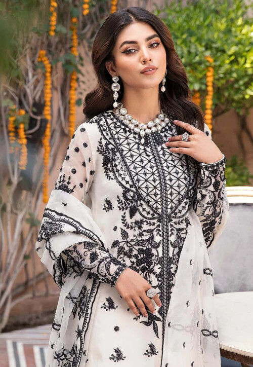 Buy Embroidered Organza Front Slit Pakistani Suit in Off White Online ...