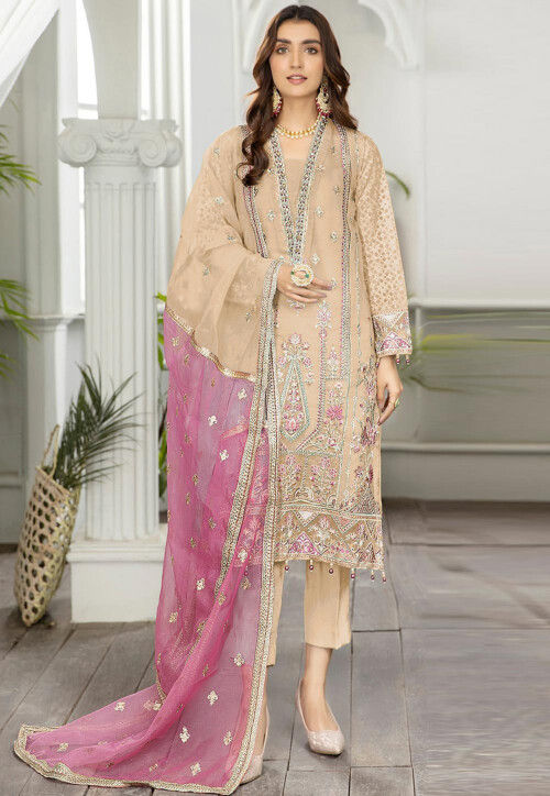 Buy Embroidered Organza Pakistani Suit in Beige Online : KXL298 - Utsav ...