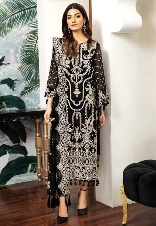 Buy Embroidered Organza Pakistani Suit in Black Online : KCH12629 ...