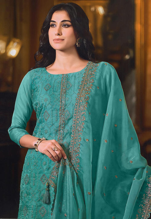 Buy Embroidered Organza Pakistani Suit in Blue Online : KVG470 - Utsav ...