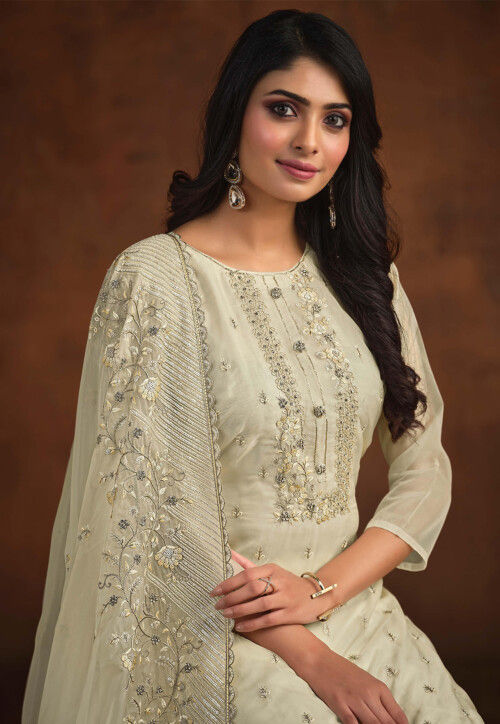 Buy Embroidered Organza Pakistani Suit in Off White Online : KVG481 ...