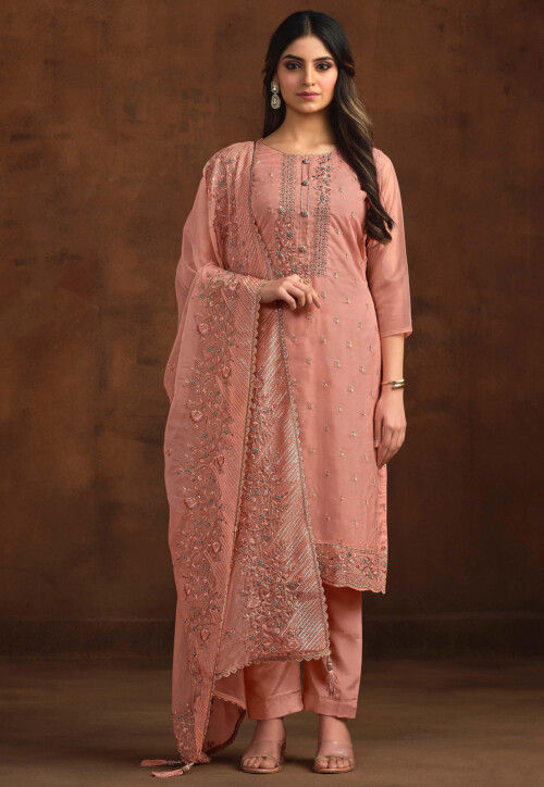 Buy Embroidered Organza Pakistani Suit in Peach Online : KVG482 - Utsav ...