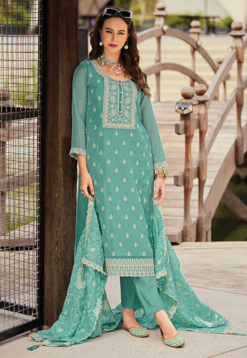 Buy Embroidered Organza Pakistani Suit in Teal Blue Online : KCH13349 ...