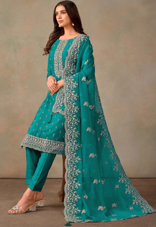 Buy Embroidered Organza Pakistani Suit in Teal Blue Online : KJZ216 ...