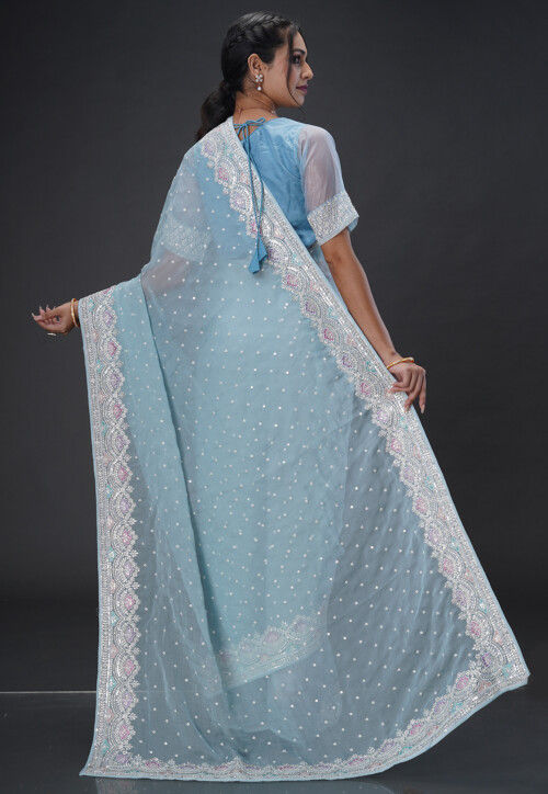 Buy Embroidered Organza Saree in Light Blue Online : SRHA110 - Utsav ...