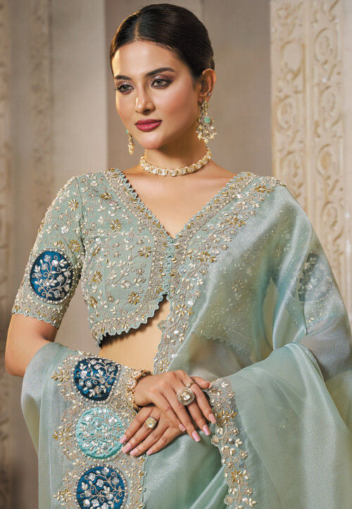 Buy Embroidered Organza Scalloped Saree in Light Blue Online : SBHA3874 ...