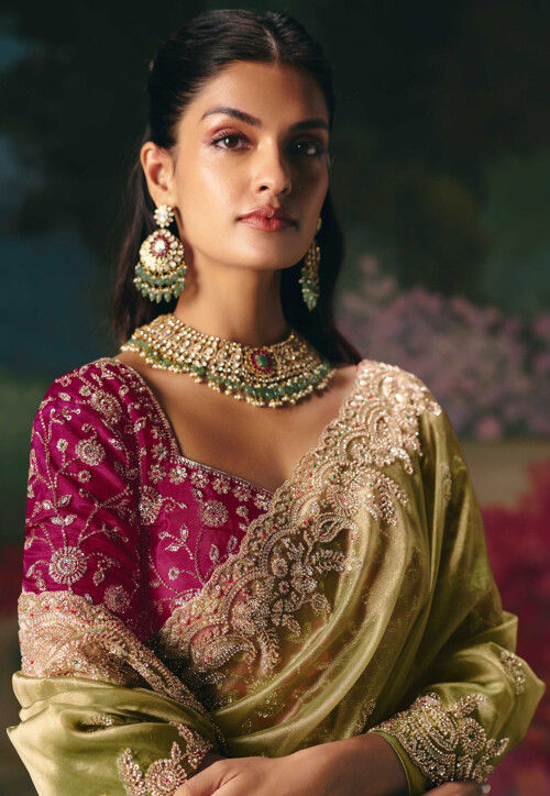 Buy Embroidered Organza Scalloped Saree in Light Green Online ...