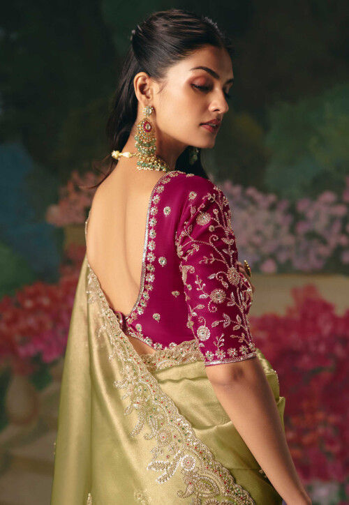 Buy Embroidered Organza Scalloped Saree in Light Green Online ...