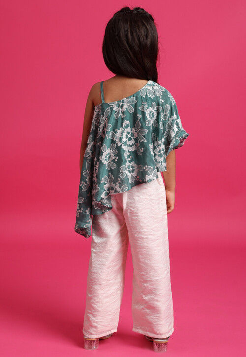 Buy Embroidered Polyester Asymmetric Crop Top Set in Sea Green Online ...