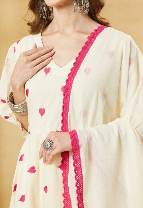 Buy Embroidered Pure Cotton A Line Suit in Cream Online : KJX295 ...