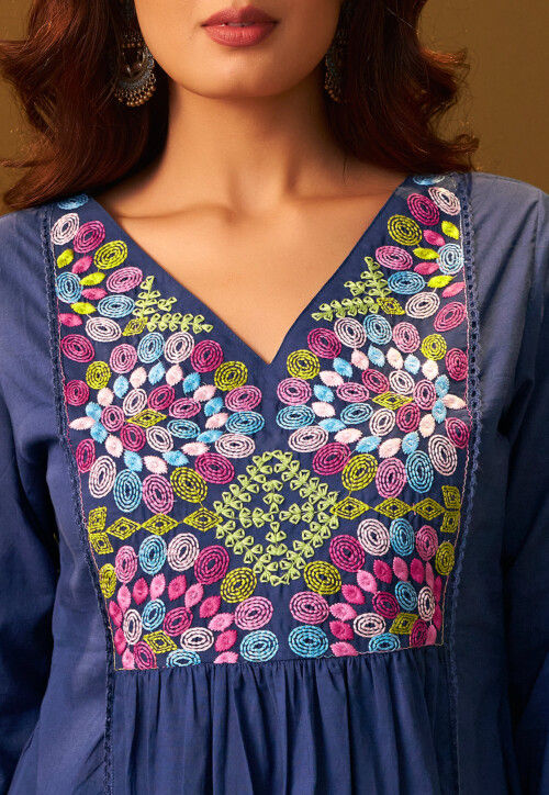 Buy Embroidered Pure Cotton A Line Suit in Navy Blue Online : KJZ343 ...