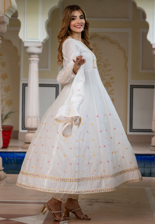 Buy Embroidered Pure Cotton Anarkali Suit in Off White Online : KQK135 ...