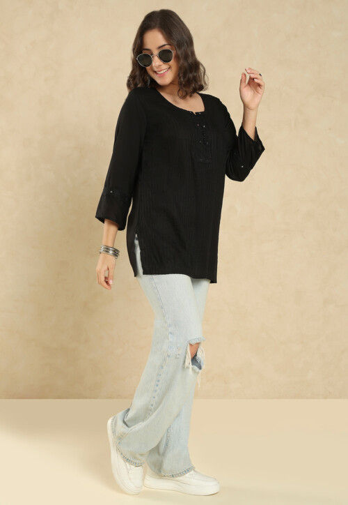 Buy Embroidered Pure Cotton Kurti in Black Online : TWS3004 - Utsav Fashion