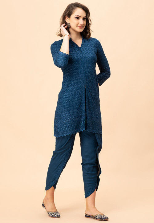 Buy Embroidered Pure Cotton Tunic Set in Dark Teal Blue Online : TUW20 ...