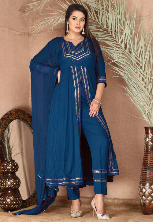 Buy Embroidered Pure Rayon Front Slit Anarkali Suit in Blue Online ...