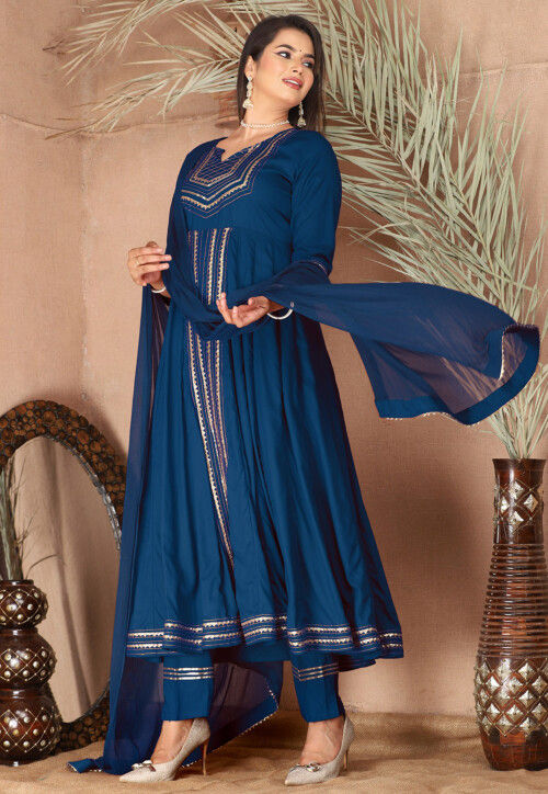 Buy Embroidered Pure Rayon Front Slit Anarkali Suit in Blue Online ...