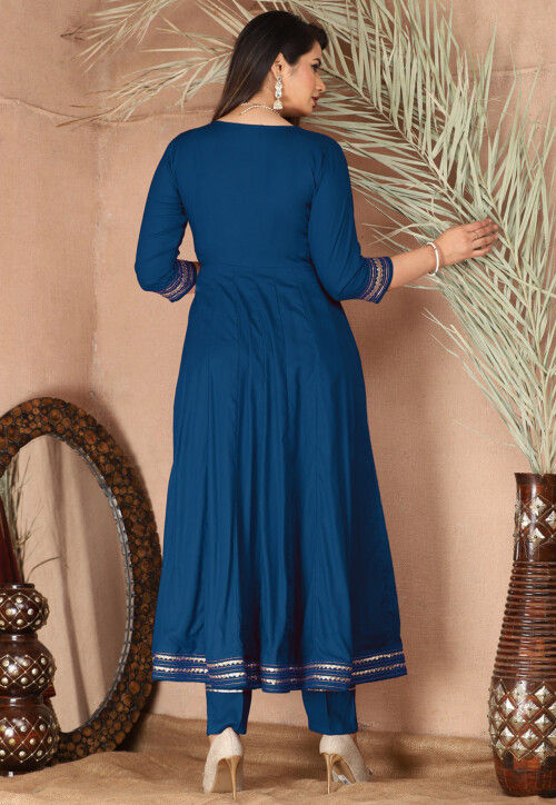 Buy Embroidered Pure Rayon Front Slit Anarkali Suit in Blue Online ...