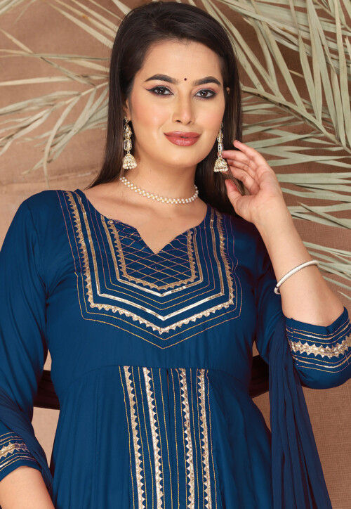 Buy Embroidered Pure Rayon Front Slit Anarkali Suit in Blue Online ...