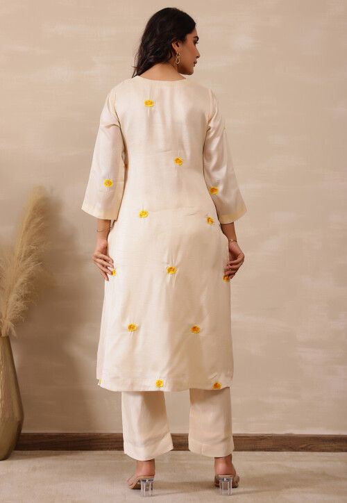 Buy Embroidered Pure Silk A Line Kurta Set in Off White Online : TRL77 ...