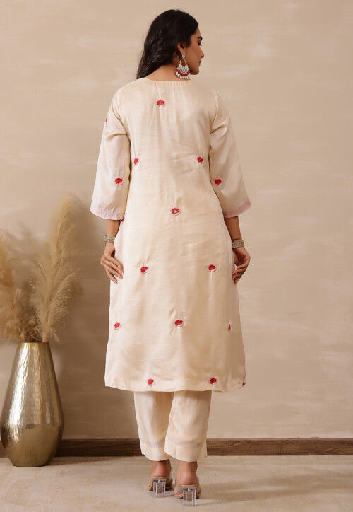 Buy Embroidered Pure Silk A Line Kurta Set in Off White Online : TRL78 ...