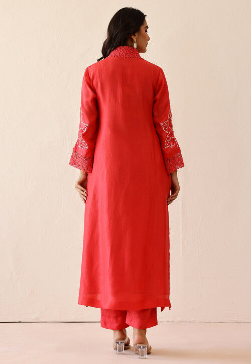 Buy Embroidered Pure Silk A Line Kurta Set in Peach Online : TRL72 ...